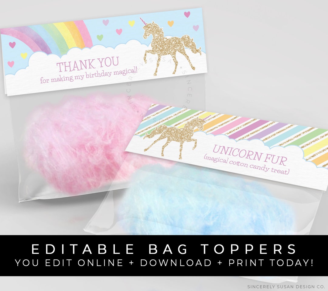 Magical Unicorn Rainbow Birthday Party Favor Treat Bag Topper Hearts ...