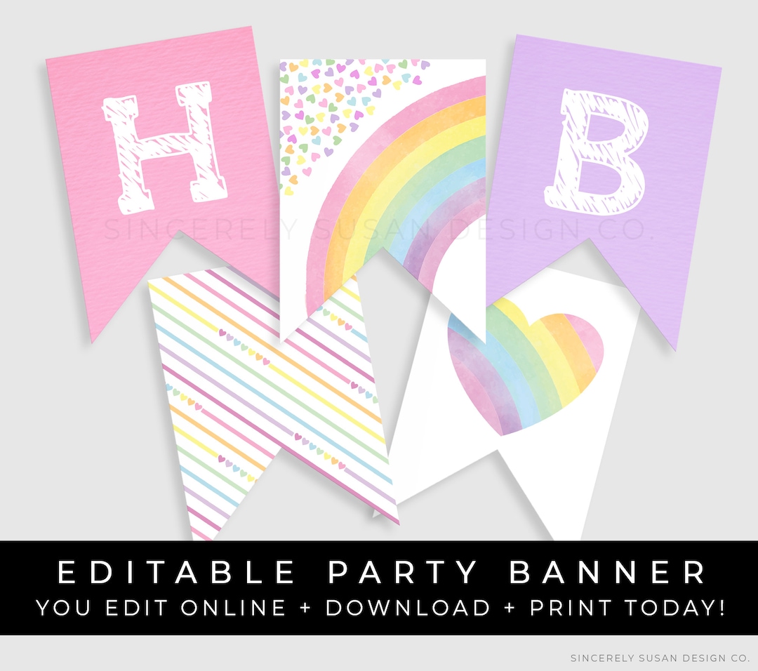 Rainbow Birthday Banner Printable Party Decorations Editable Pastel ...