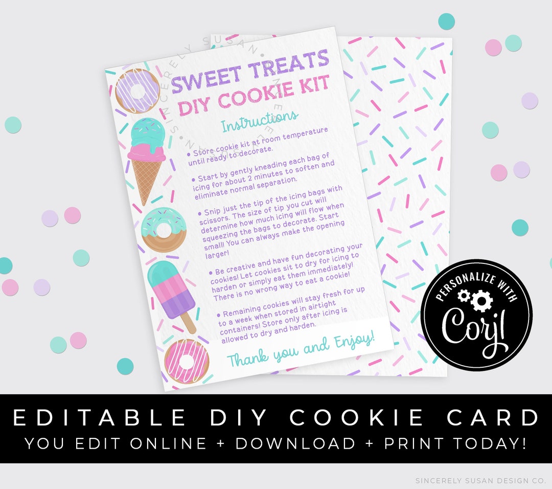 CUSTOMIZABLE DIY Sweet Treats Cookie Kit Instructions Printable Card ...