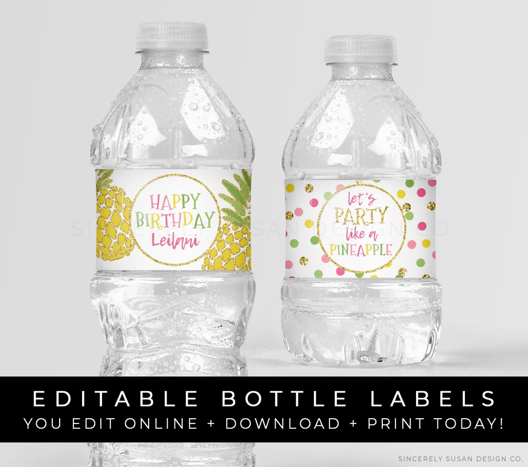 Pineapple Water Bottle Labels Birthday Party Printable Gold Glitter ...