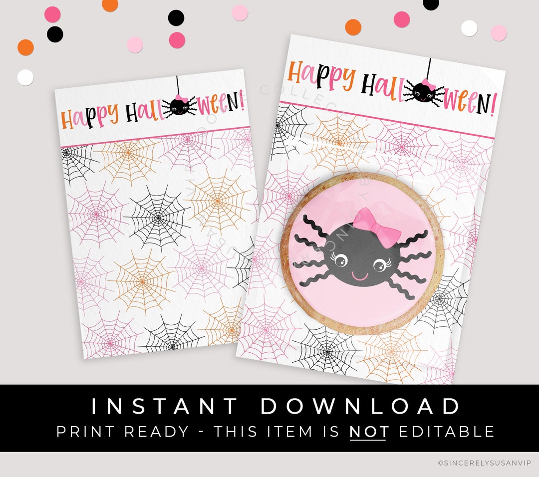 Instant Download Pink Halloween Spider Cookie Card Printable, Happy ...