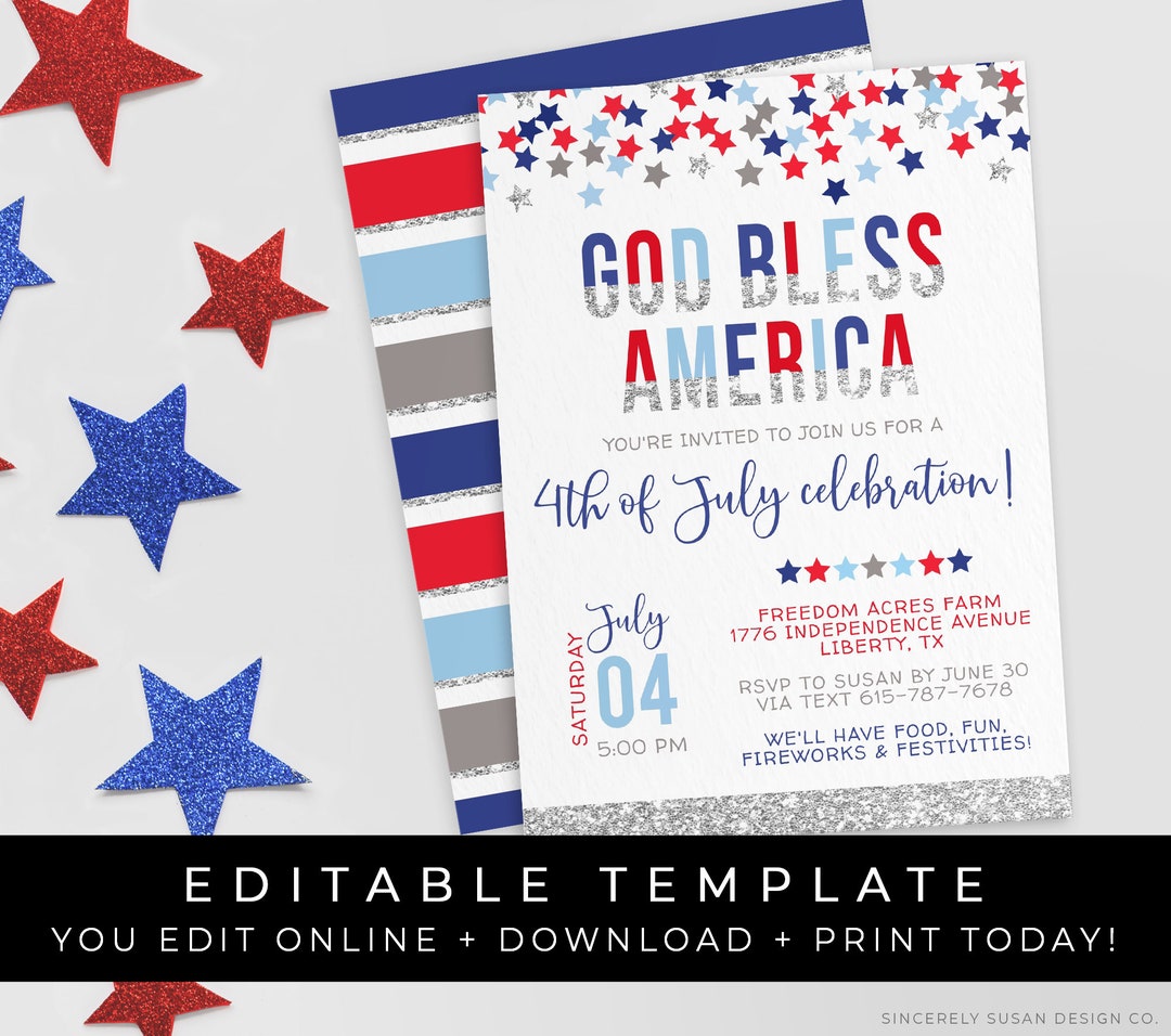 Patriotic Party Invitation God Bless America 4th of July BBQ Summer ...