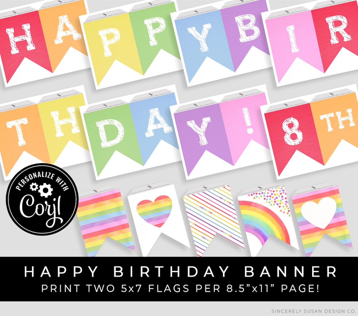 Rainbow Birthday Banner Printable Party Decorations Editable Rainbow ...