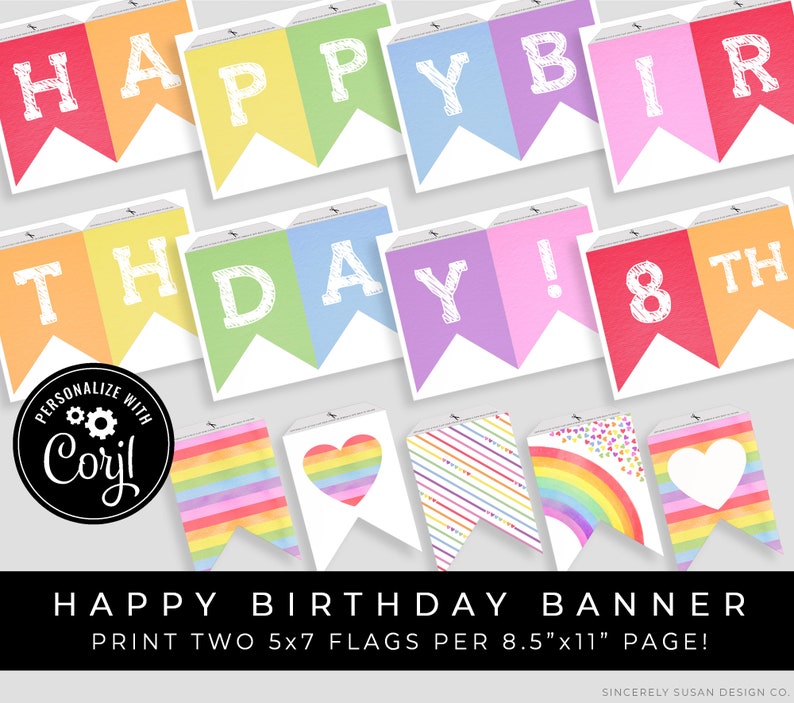Rainbow Birthday Banner Printable Party Decorations Editable - Etsy