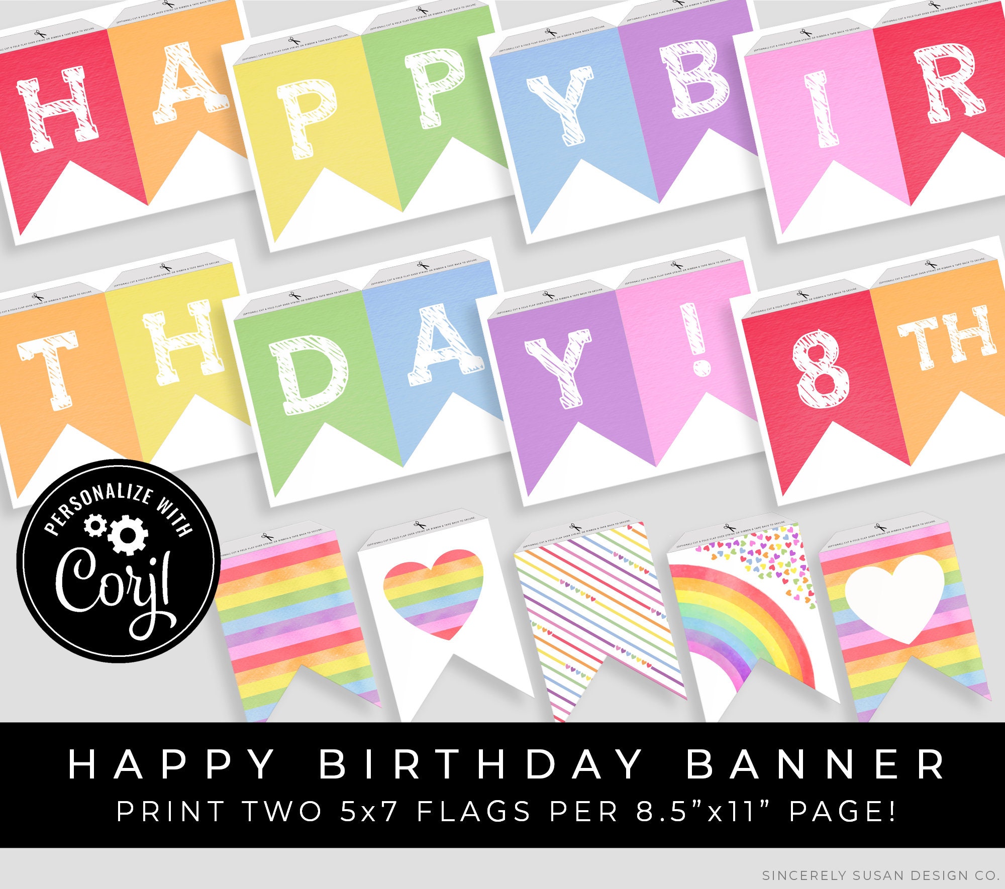 Rainbow Birthday Banner Printable Party Decorations Editable | Etsy