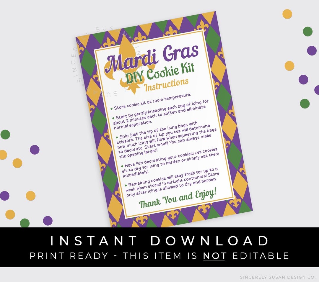 Instant Download Mardi Gras DIY Cookie Kit Instructions Printable Card ...