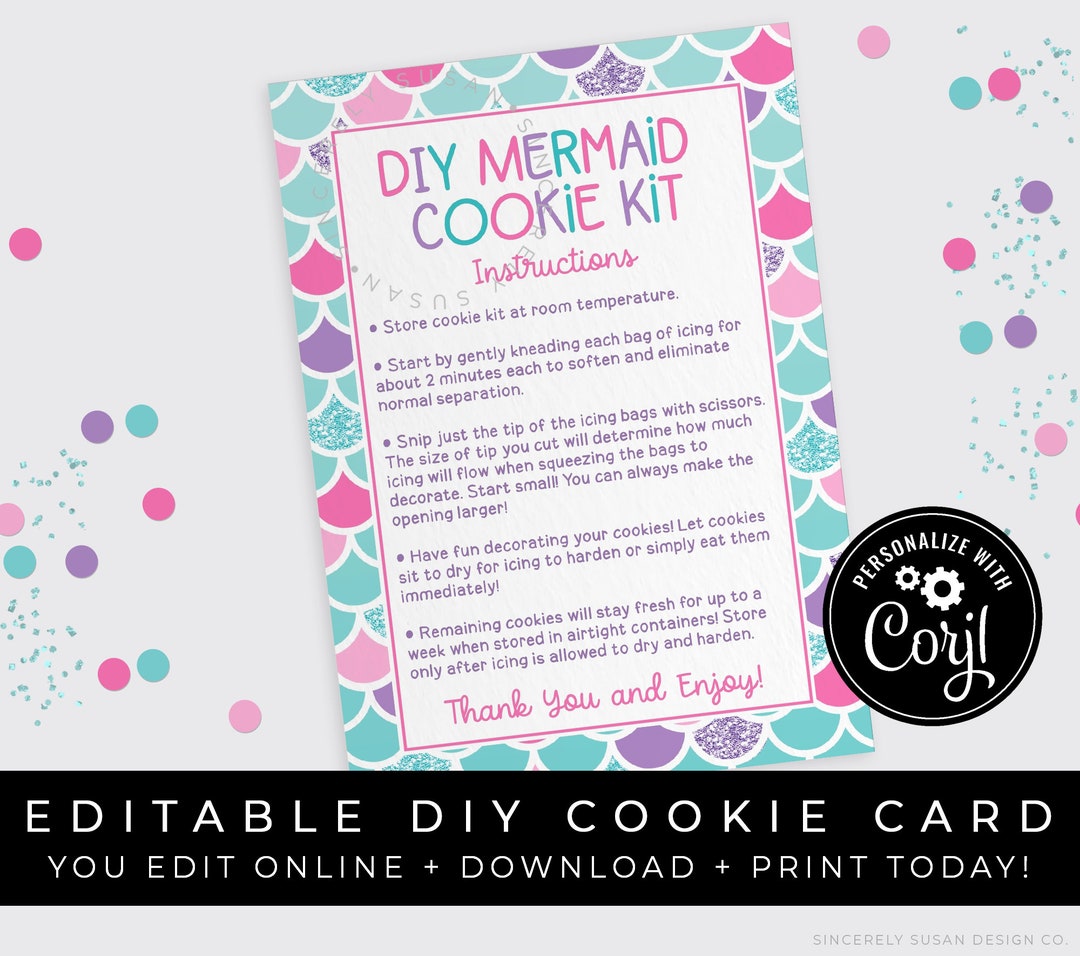 CUSTOMIZABLE Mermaid DIY Cookie Kit Instructions Printable Card Under ...