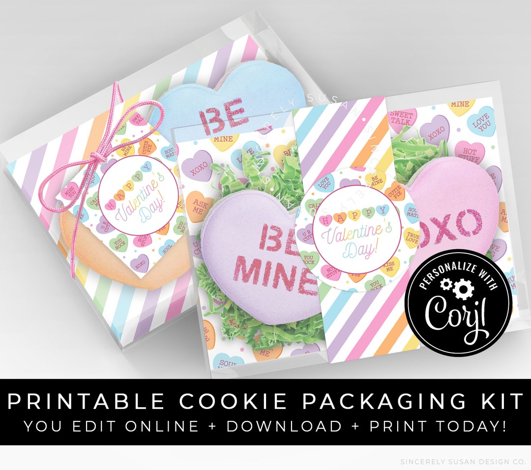 CUSTOMIZABLE Candy Hearts Valentine Cookie Packaging Kit, Sticker Tag ...