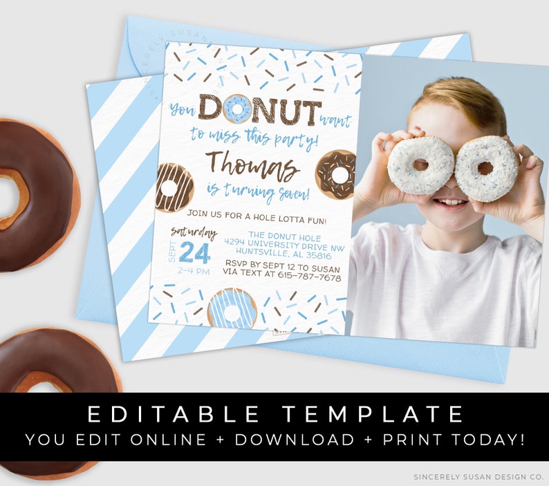 Donut Birthday Party Invitation Boy Blue Donut Sprinkles Photo Invite ...