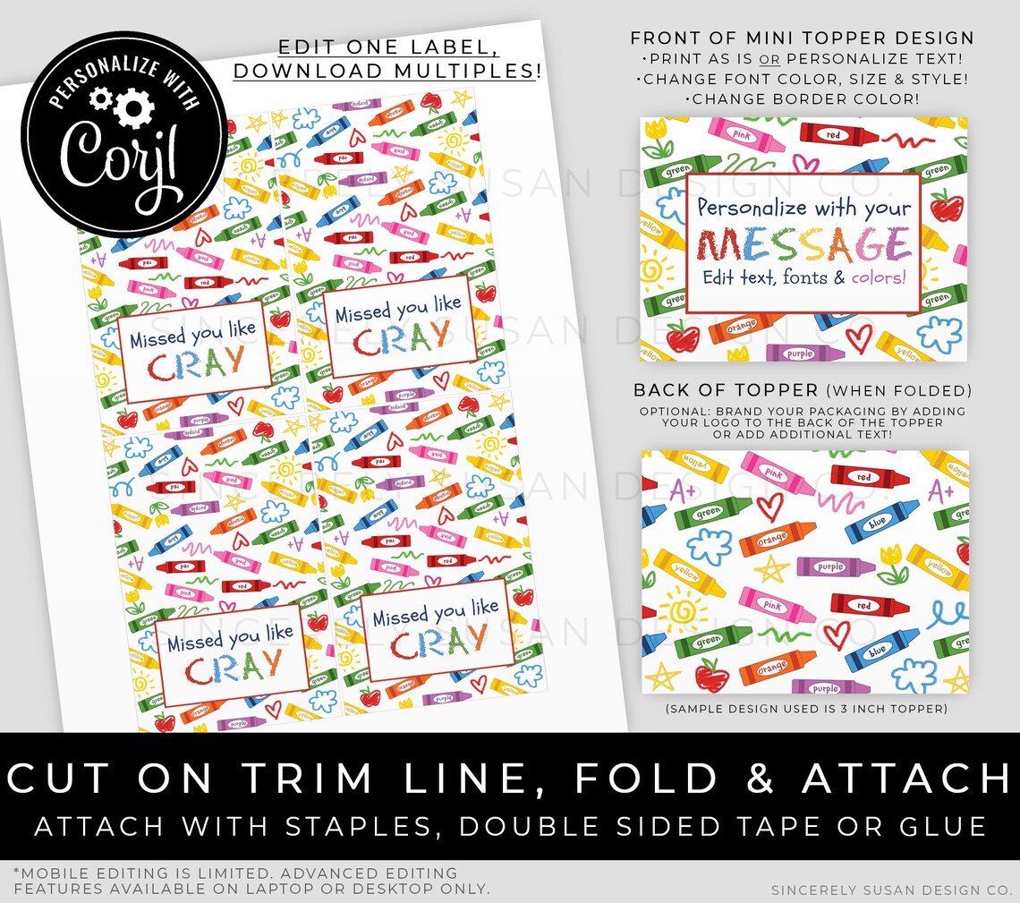 CUSTOMIZABLE Crayons Back to School Printable Bag Toppers BTS | Etsy