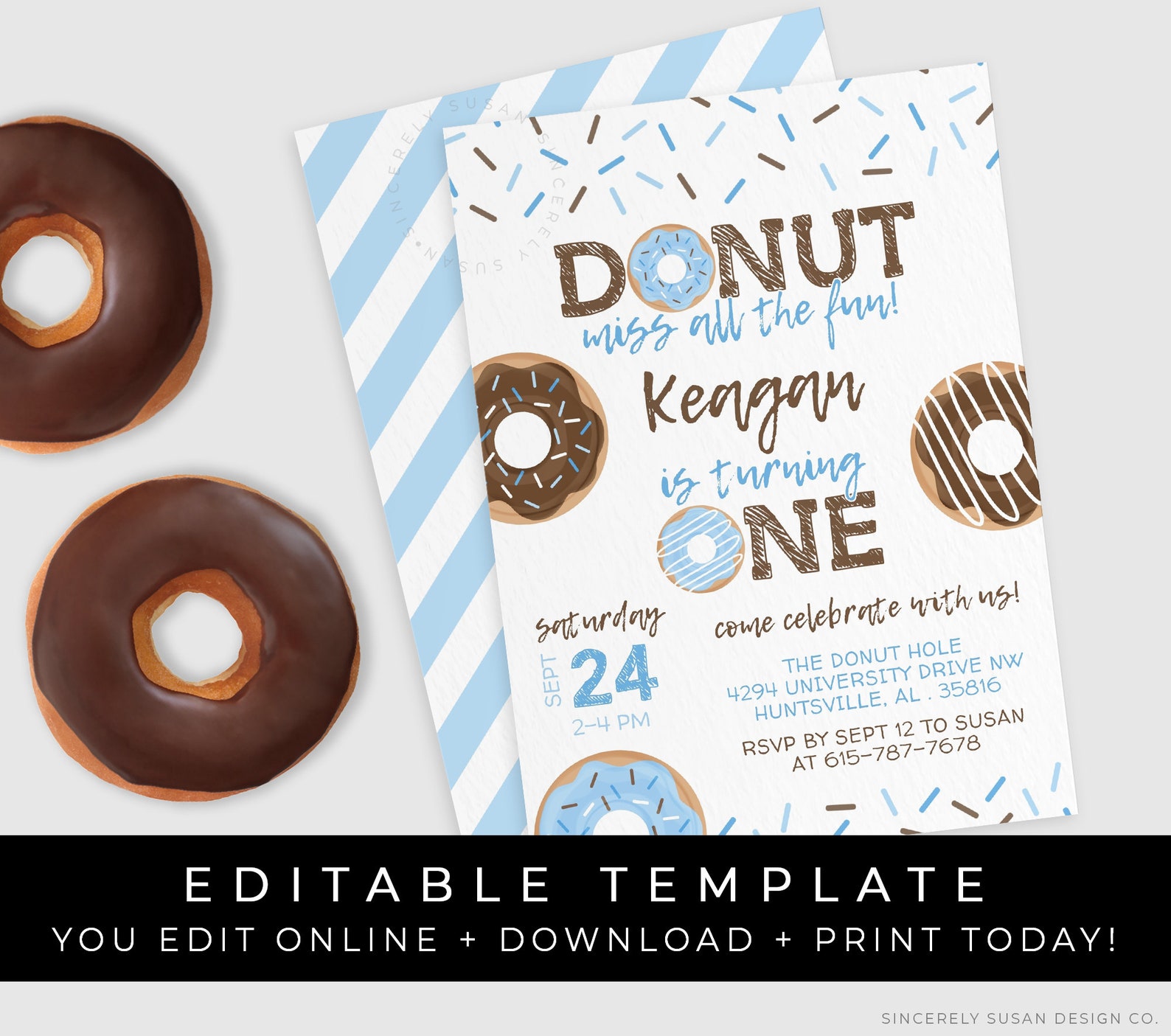 Donut First Birthday Invitation Sprinkles 1st Birthday Boy is ONE Blue ...