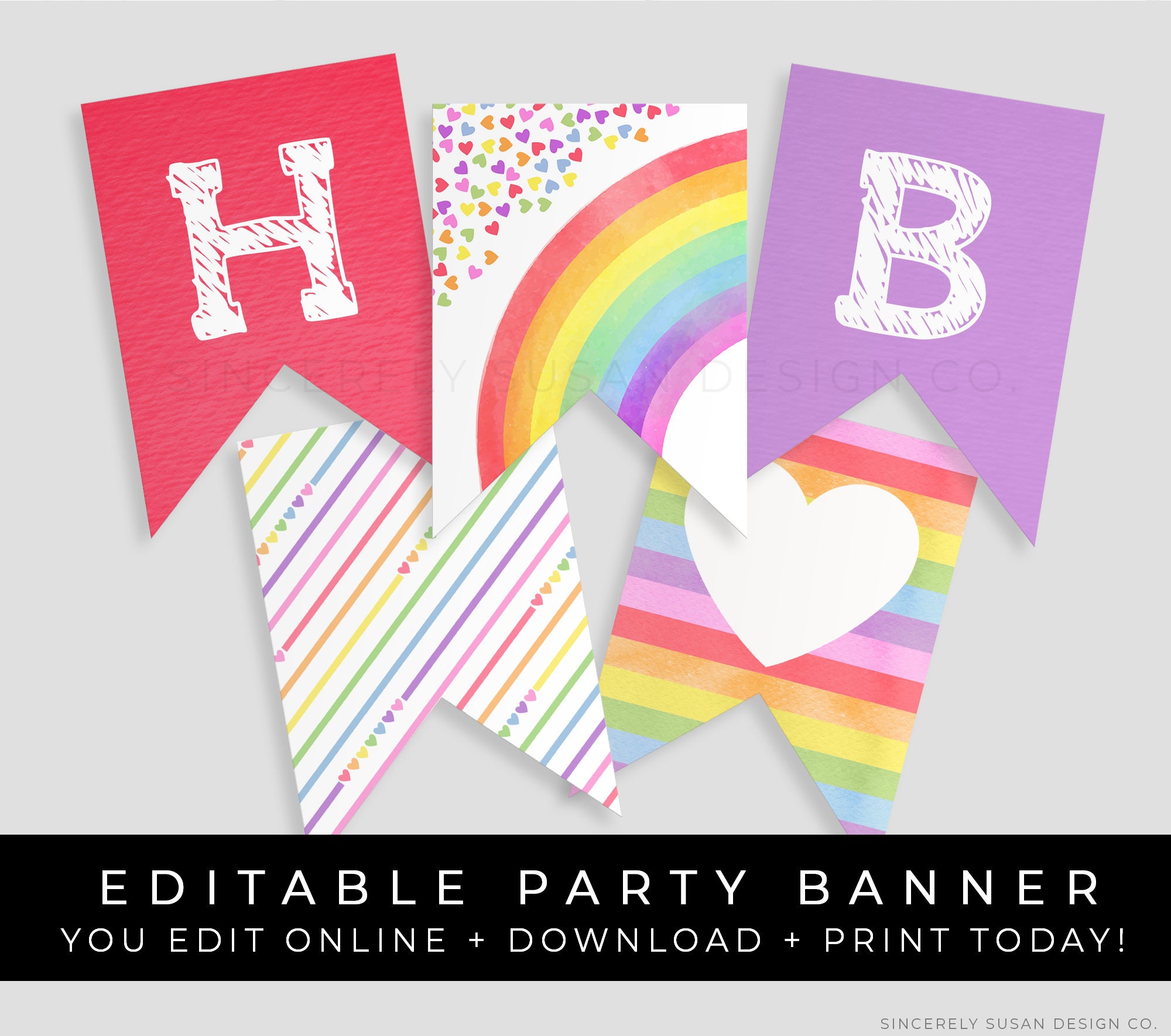 Rainbow Birthday Banner Printable Party Decorations Editable | Etsy