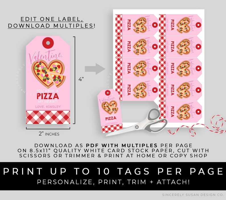 Pink Valentine's Day Pizza Party Favor Tag Heart Pizza | Etsy
