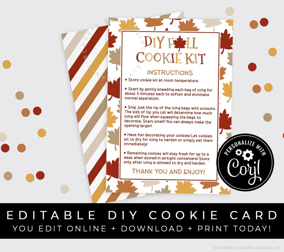 CUSTOMIZABLE Fall DIY Cookie Kit Instructions Printable Card, Fall ...