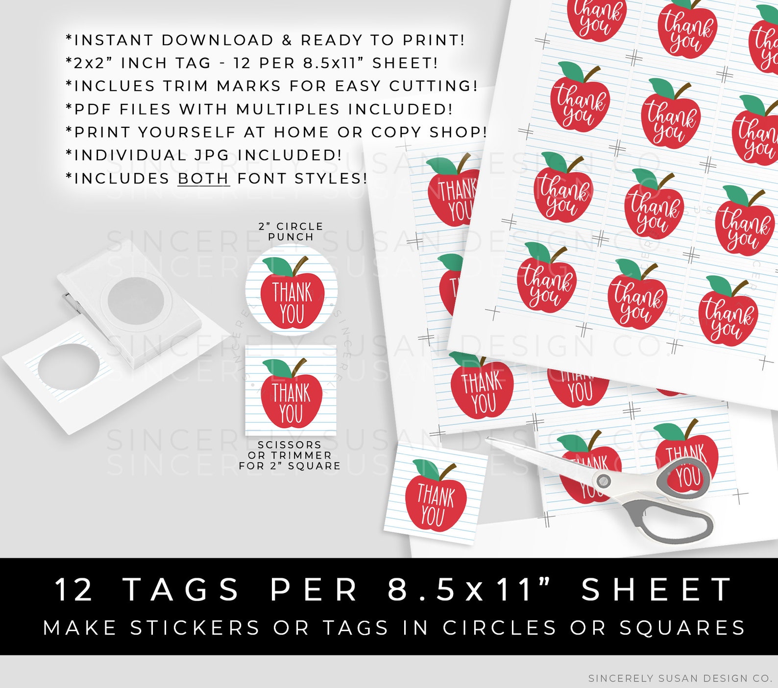Instant Download Apple Thank You Teacher Gift Tag Printable, Apple ...