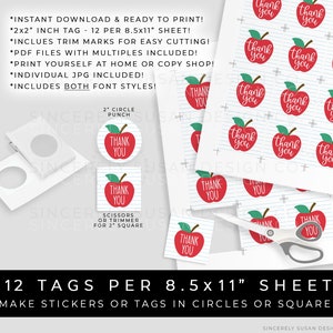 Instant Download Apple Thank You Teacher Gift Tag Printable, Apple ...
