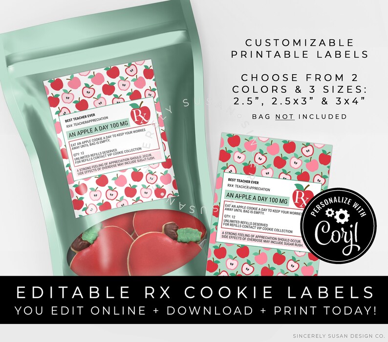 CUSTOMIZABLE Apple A Day Teacher Appreciation Cookie Prescription Label ...