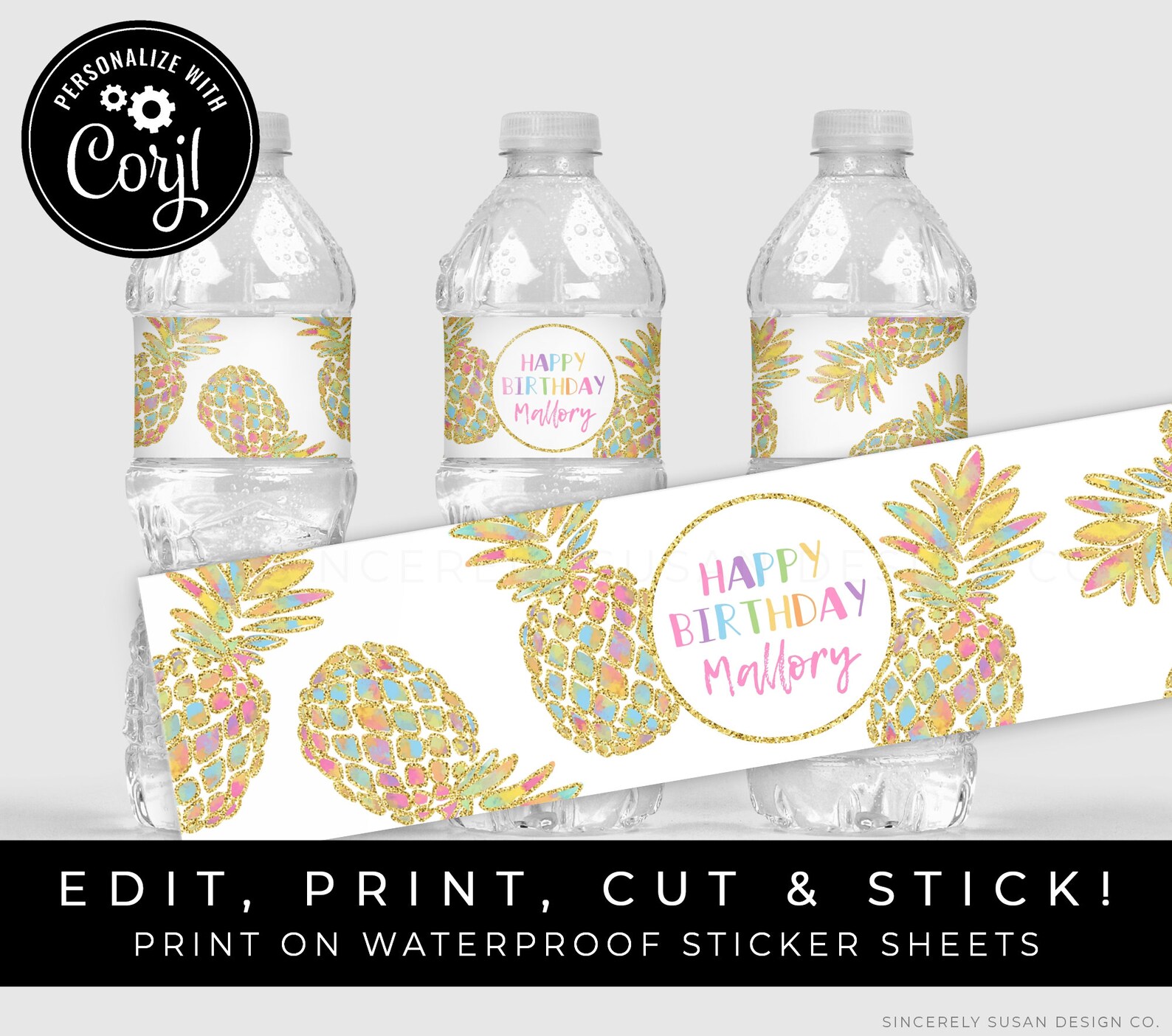 Pineapple Water Bottle Labels Birthday Party Printable Rainbow | Etsy