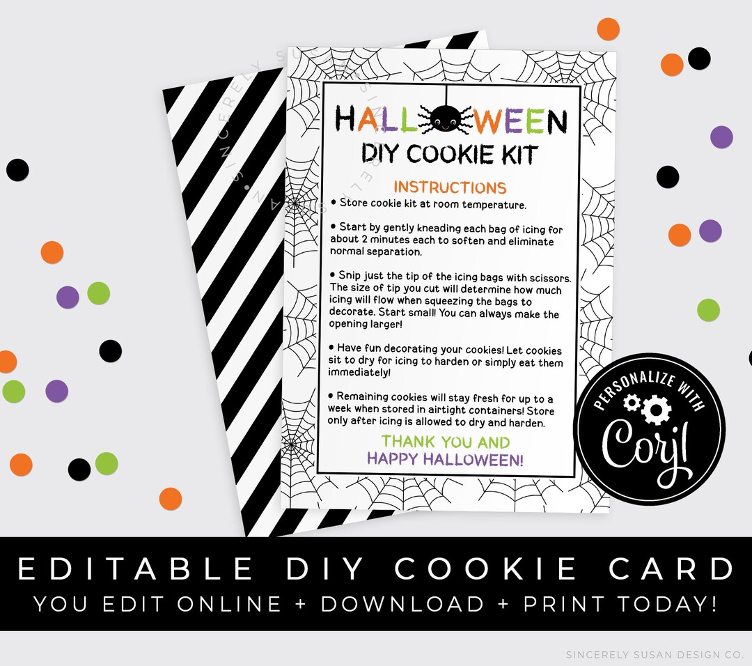 CUSTOMIZABLE Spider Halloween DIY Cookie Kit Instructions Printable ...