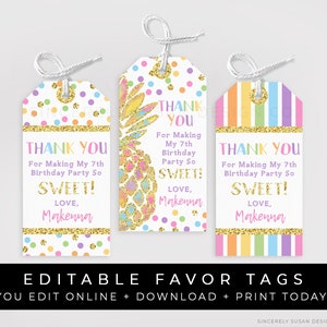 Pineapple Birthday Party Favor Tag Printable Girl Pastel Rainbow Thank ...