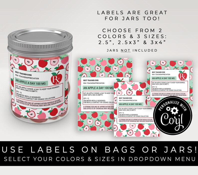 CUSTOMIZABLE Apple A Day Teacher Appreciation Cookie Prescription Label ...