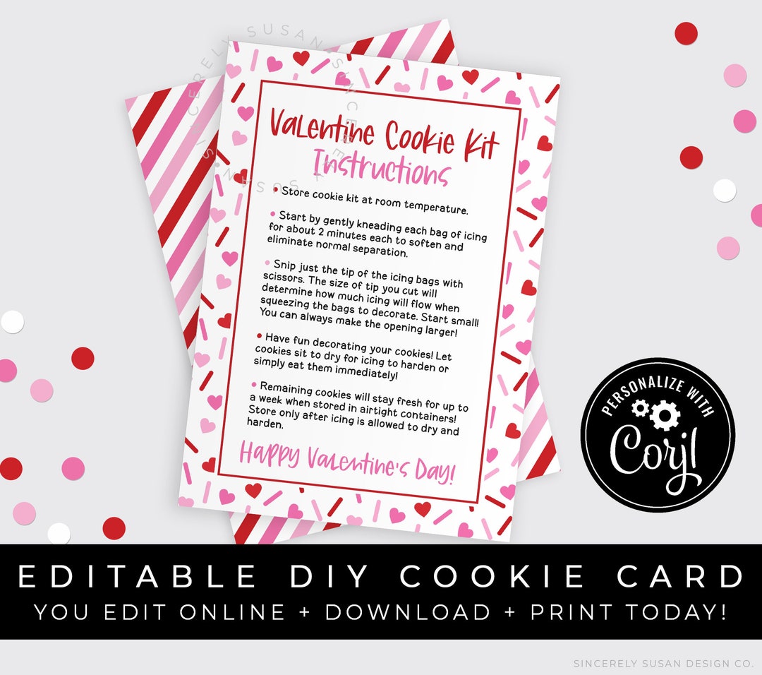 CUSTOMIZABLE Valentine DIY Cookie Kit Instructions Printable Card ...