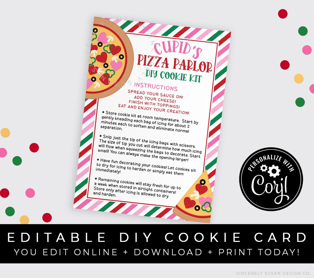 CUSTOMIZABLE Valentine Pizza DIY Cookie Kit Instructions Printable Card ...
