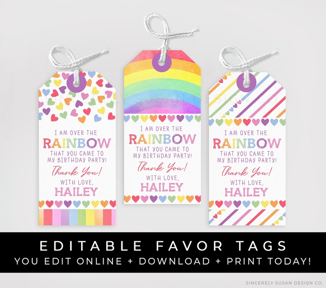 Rainbow Birthday Favor Tags Printable Thank You Gift Tag Editable ...