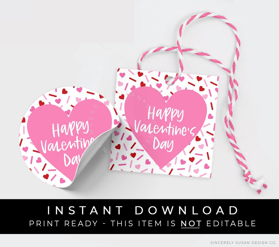 Instant Download Happy Valentine's Day Cookie Tag, Pink Red Heart ...