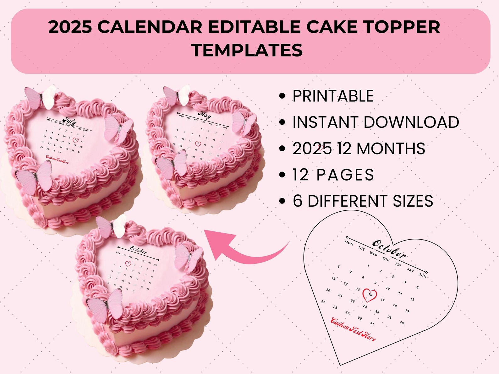 Heart Cake Topper 2025 Calendar Template (canva Editable, Printable) - Etsy