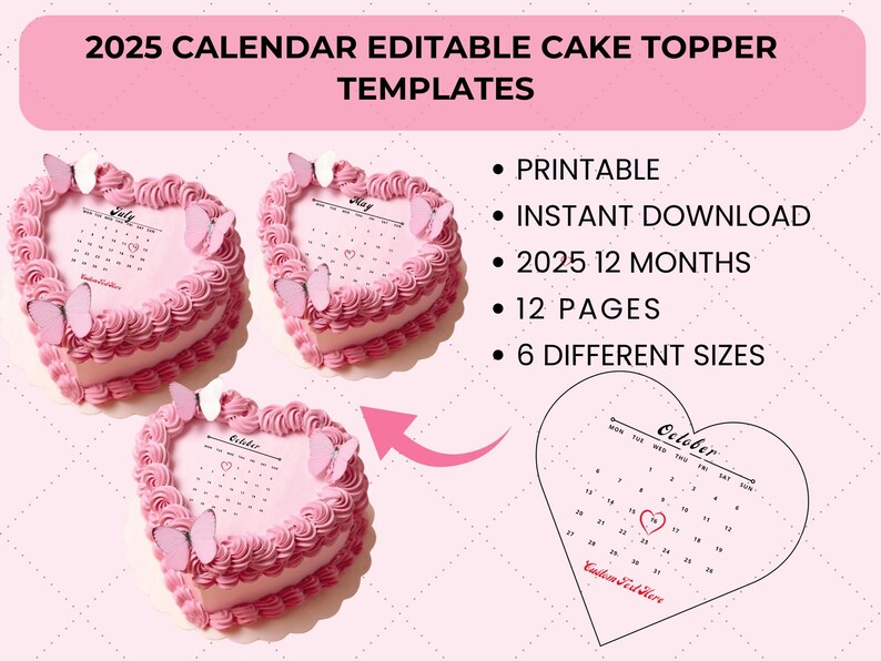 Heart Cake Topper 2025 Calendar Template (canva Editable, Printable) - Etsy
