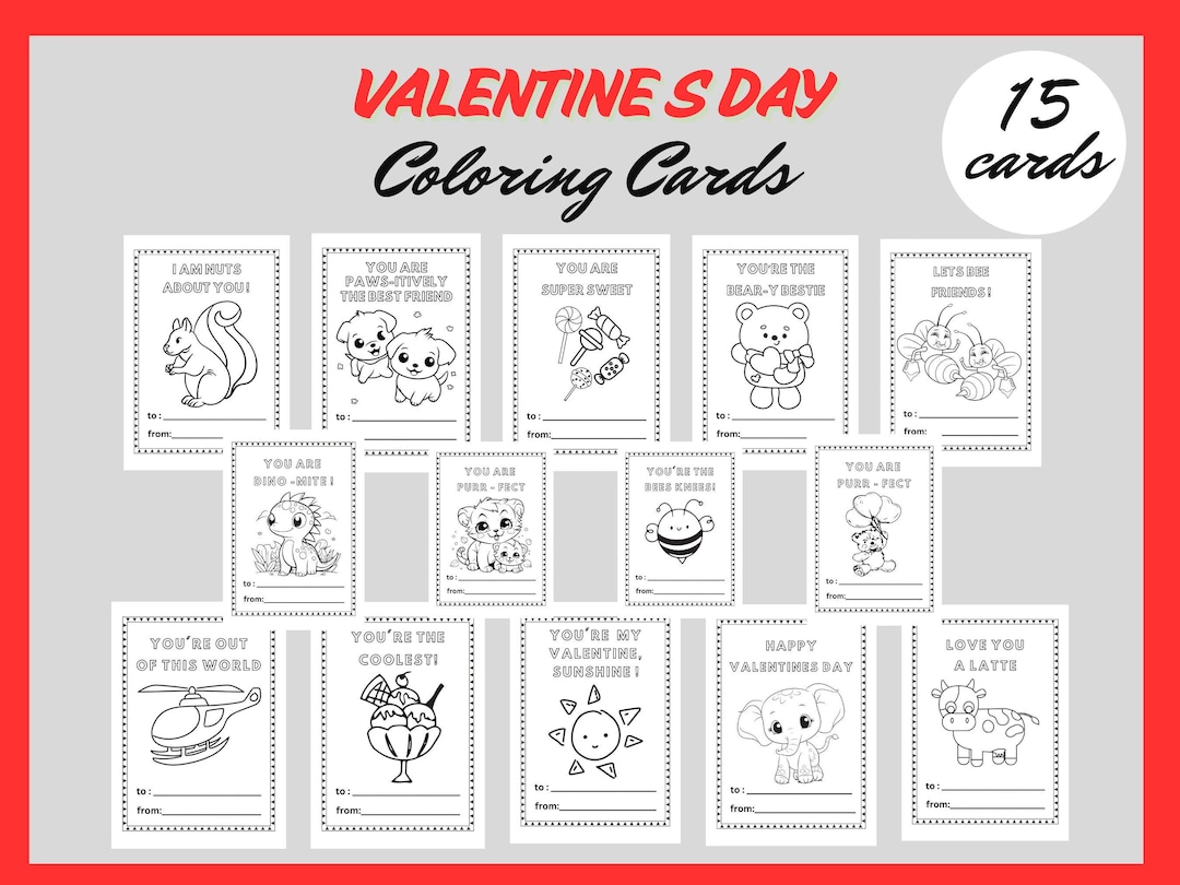 Valentine Coloring Cards, Printable Valentine's Day Cards, Kids ...
