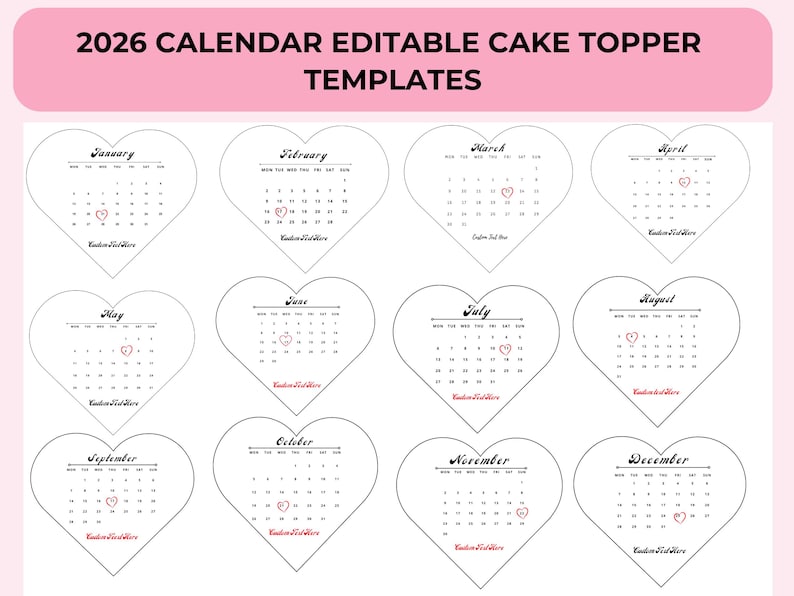 2026 Custom Calendar Heart Cake Toppers, Burn Away Cake Topper Calendar ...