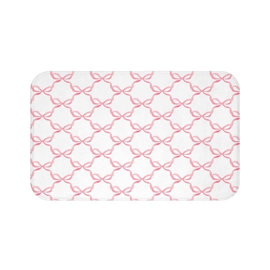 Preppy Watercolor Pink Bows Bath Mat Plush White, Available in Two ...
