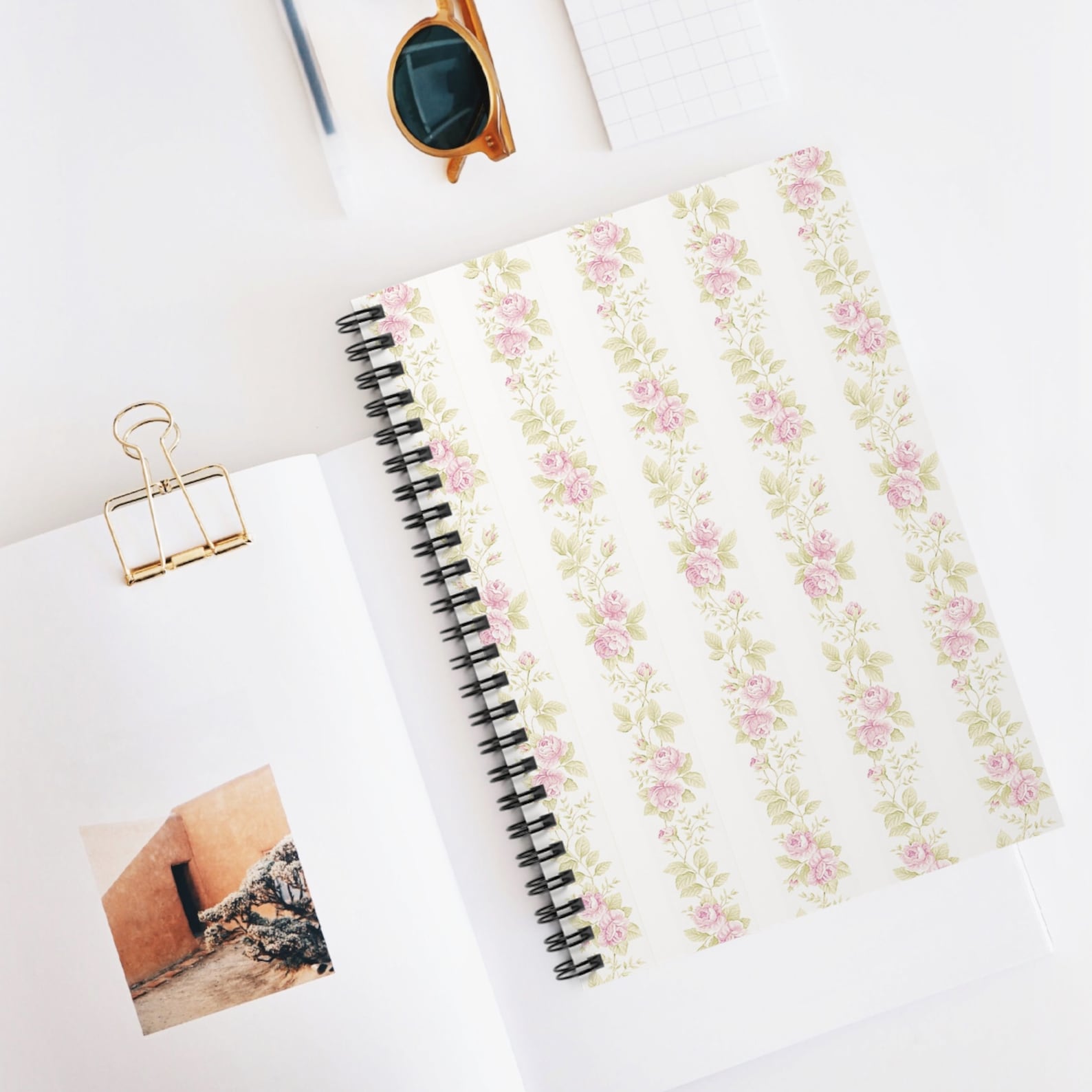 Spiral Notebook, Preppy Ditsy Floral, Loveshackfancy Inspired, White ...