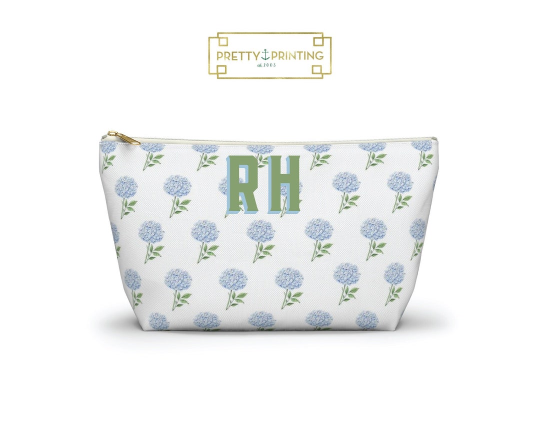Monogrammed Cosmetic Catch All Bag - Preppy Watercolor Blue Hydrangea ...