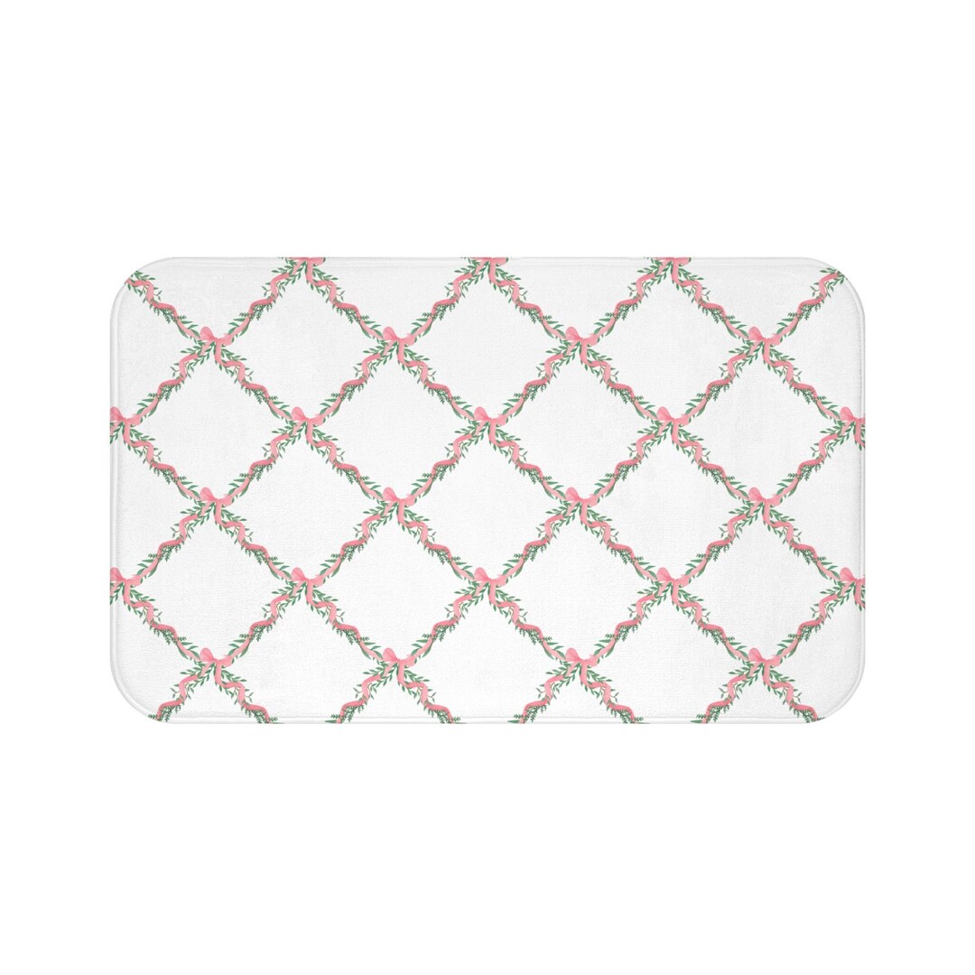 Bathmat Preppy Bow Lattice Watercolor Pink Bath Mat Plush White ...