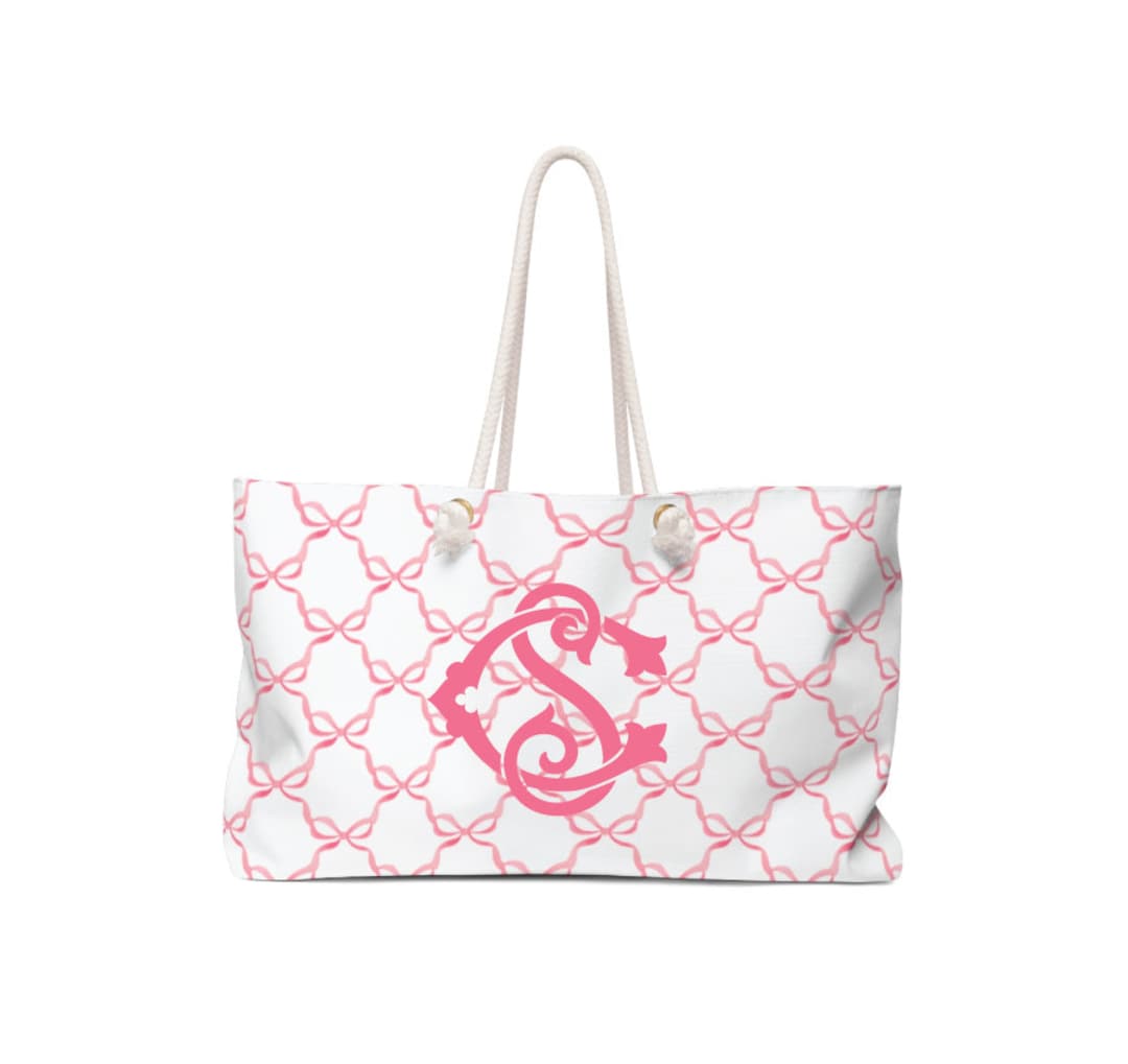Monogrammed Weekender Tote: Preppy Pink Bow Beach Bag, Rope Handles - Etsy