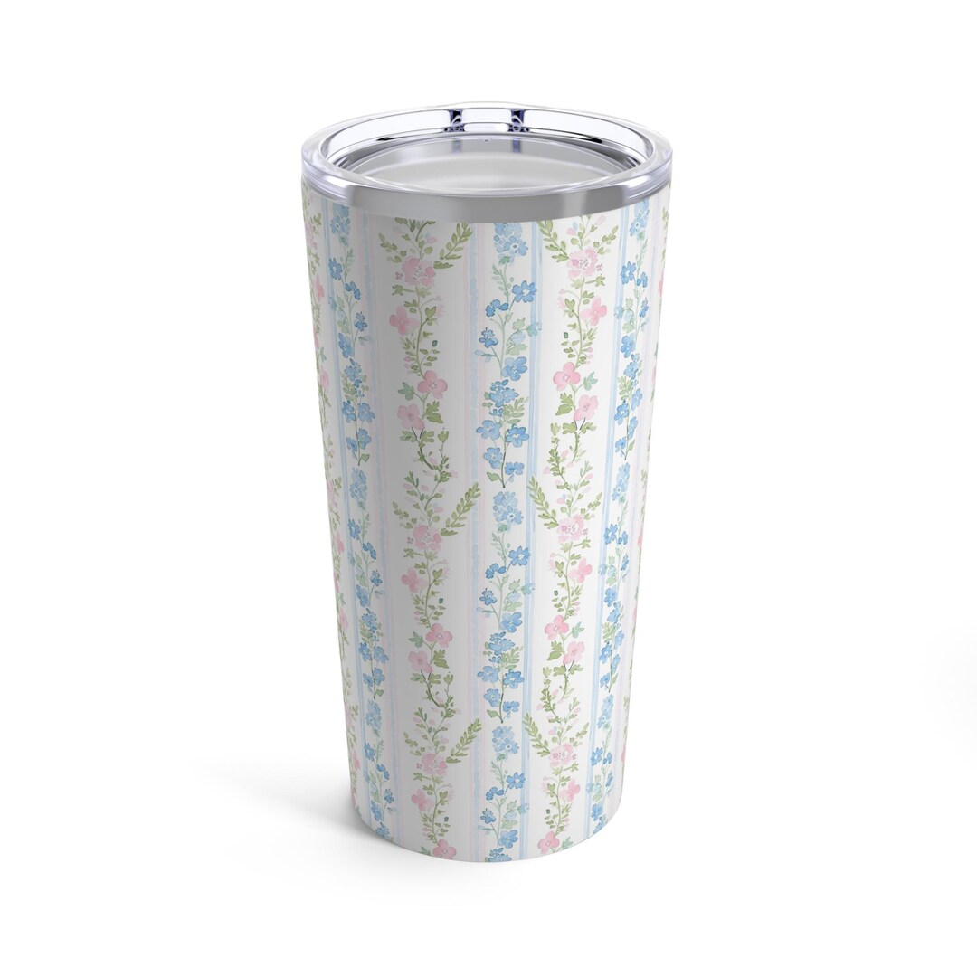 Tumbler 20oz, Preppy Romantic Floral Stripe Pattern Pink Blue Soft ...