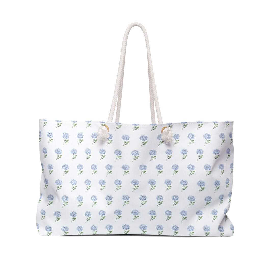 Preppy Watercolor Blue Hydrangea Rope Pink Handle Tote Pool Beach Boat ...