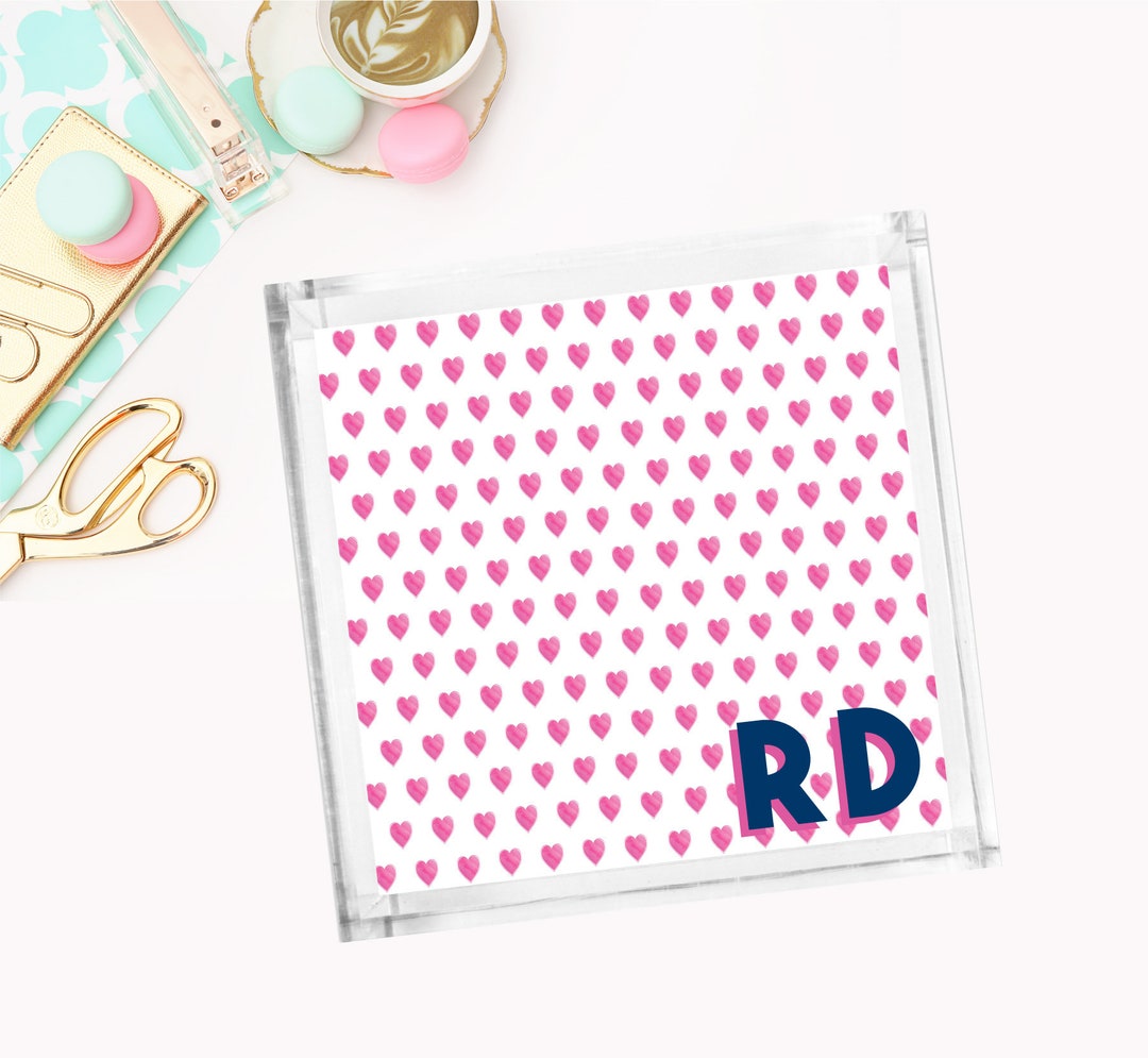 Lucite Acrylic Tray, Preppy Watercolor Pink Hearts, Initials in Shadow ...