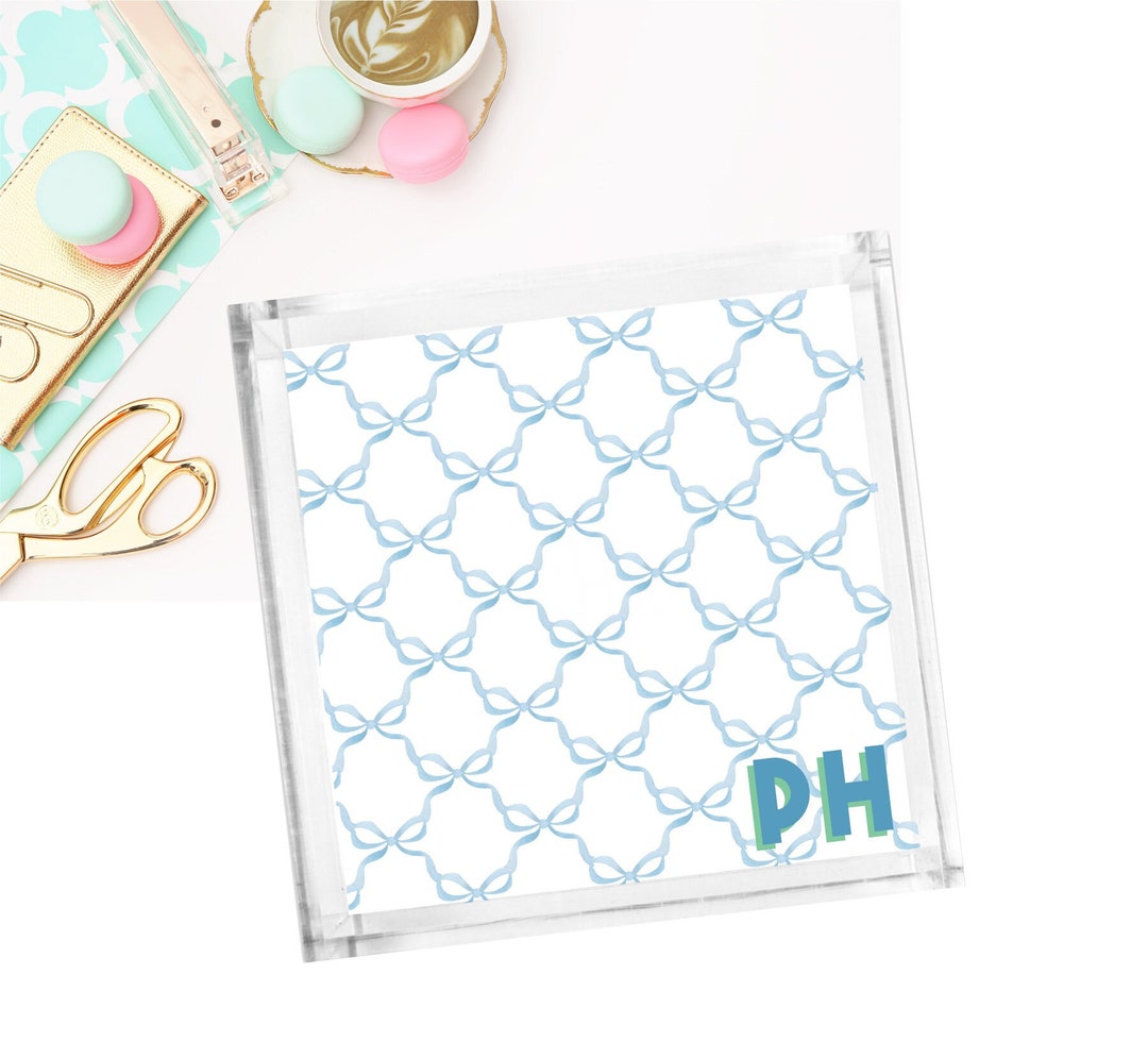 Lucite Acrylic Tray, Hostess Gift Toile Preppy Blue Bow Pattern Pattern ...