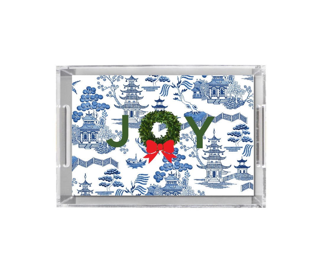 Lucite Tray, Blue & White Toile Chinoiserie, Personalized Hostess Gift ...