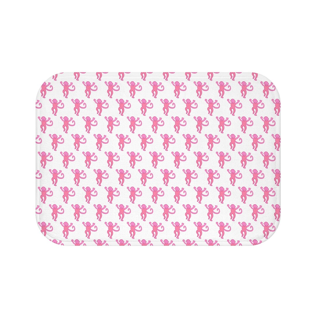 Bath Mat, Preppy Chinoiserie Monkeys Pink Bath Mat Plush White ...