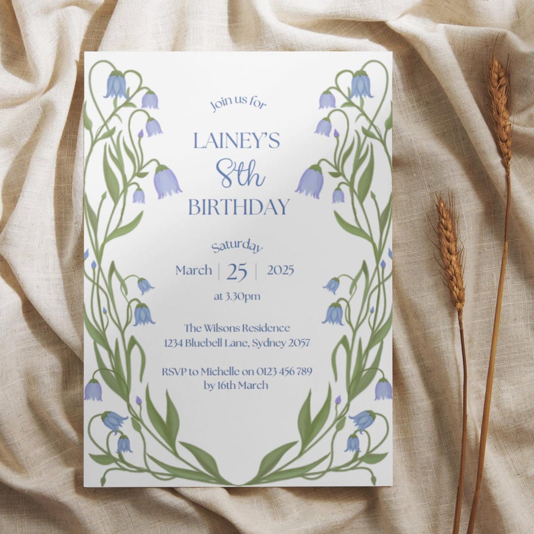 Bluebells Birthday Invitation, Pastel Floral Garden Party (digital ...