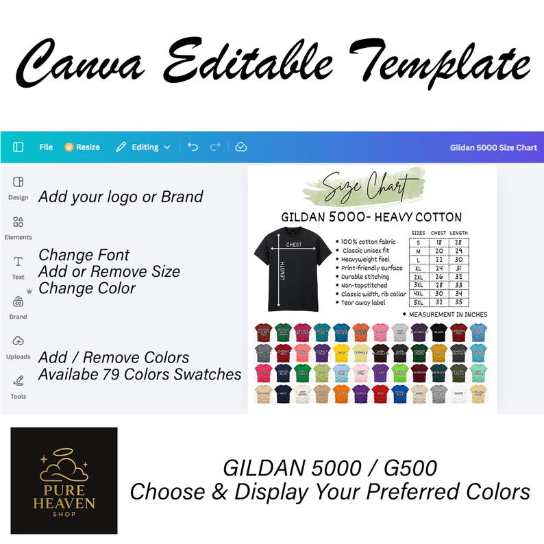 Gildan 5000 Color + Size Chart | Editable Canva Template (instant ...