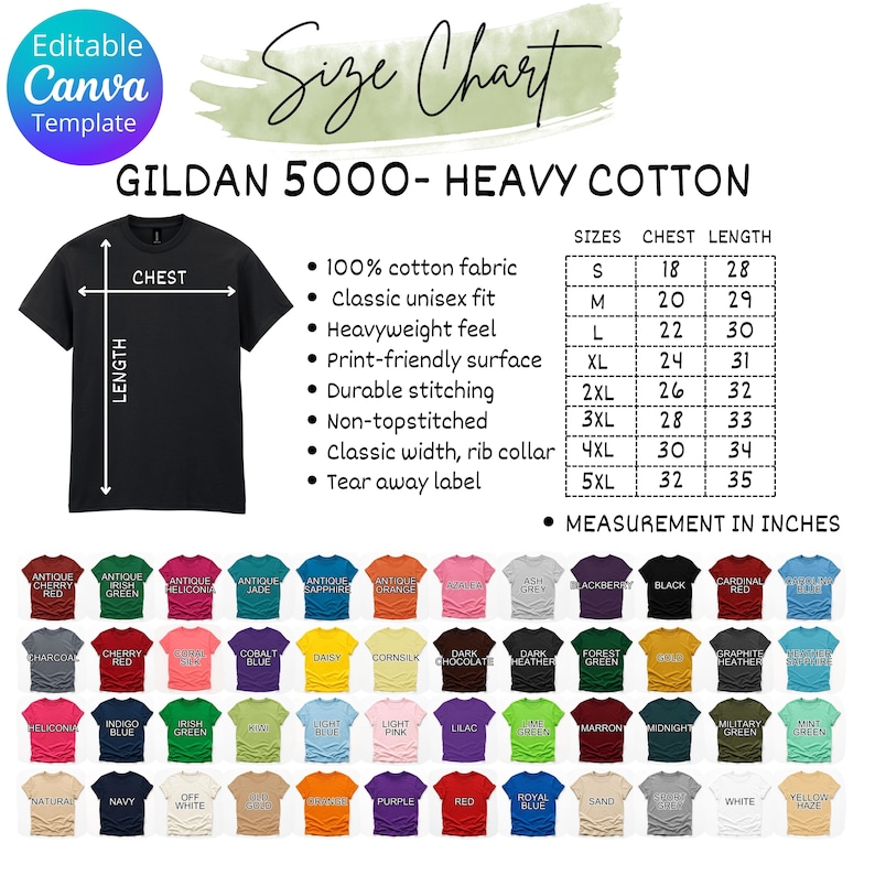 Gildan 5000 Color + Size Chart | Editable Canva Template (instant ...