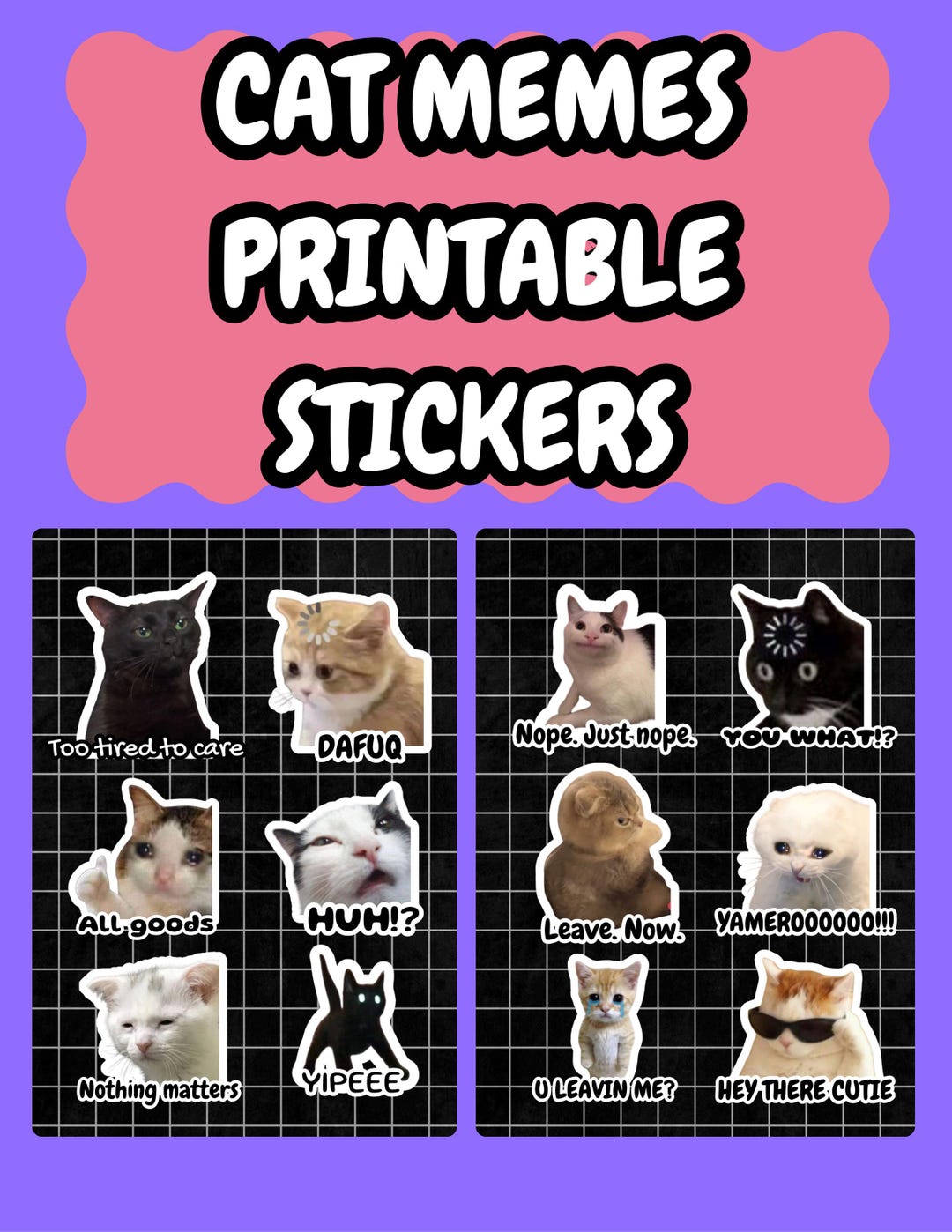 Funny Cat Meme Stickers | Digital Download | Laptop Stickers | iPad Stickers | Mood | Book ...