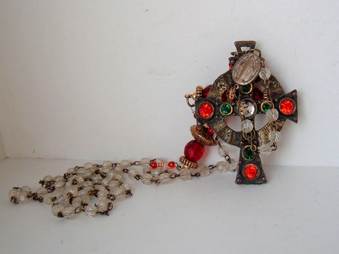 Vintage Rosary Cross Necklace: Recycled Pendant With Red & Green ...