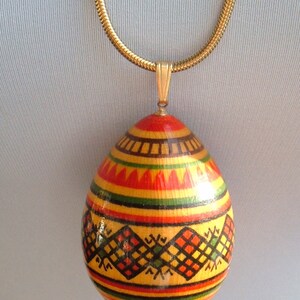 Big Old Wood Egg Shaped Vintage Stripe Necklace on Long Gold Tone Chain ...
